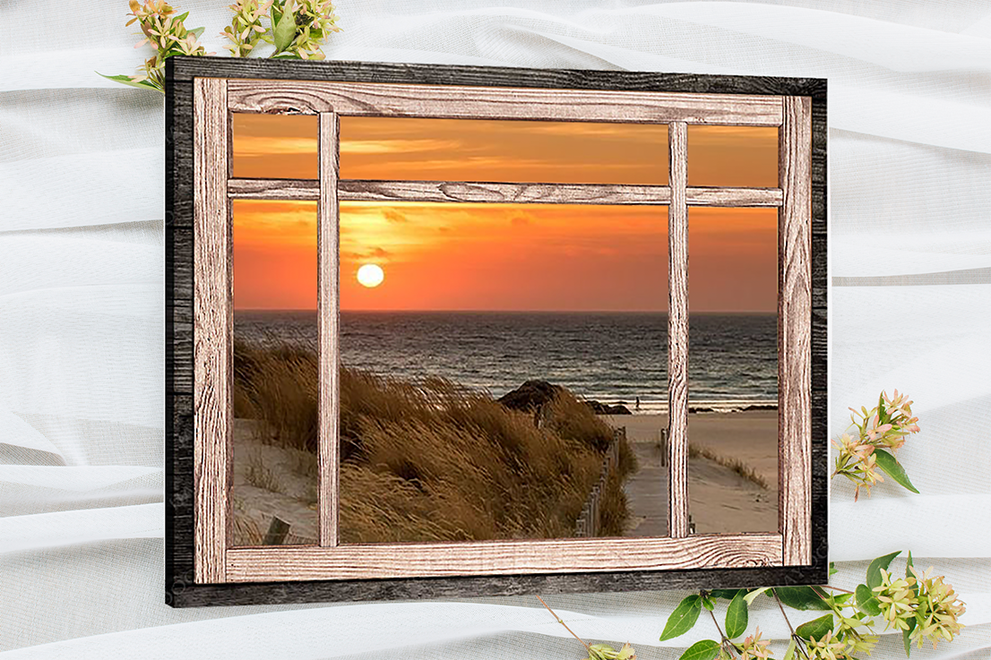 Gorgeous Beach Scenery At Sunset Through Windows